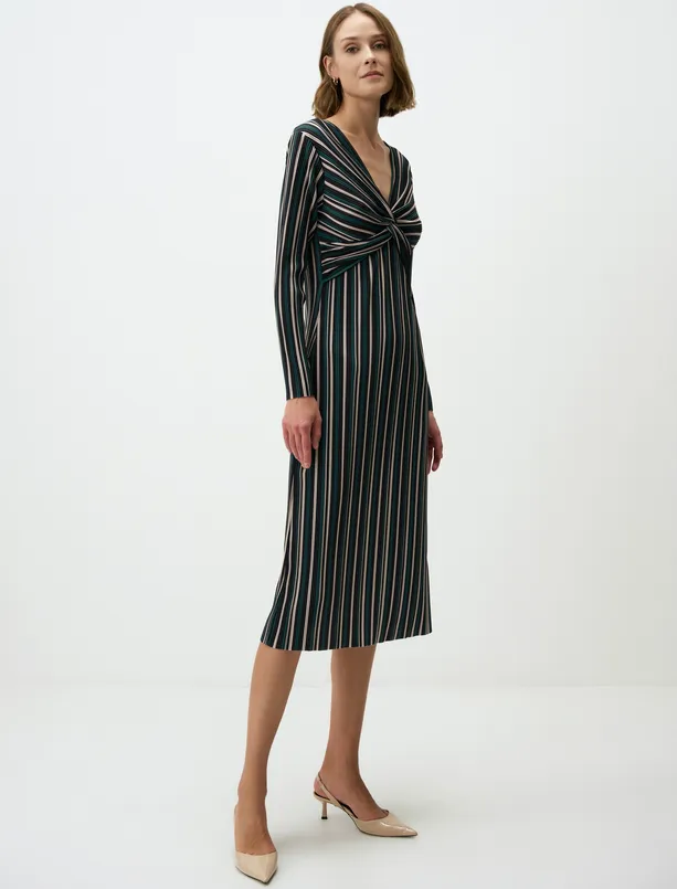 Deep V Neck Line Patterned Midi Dress