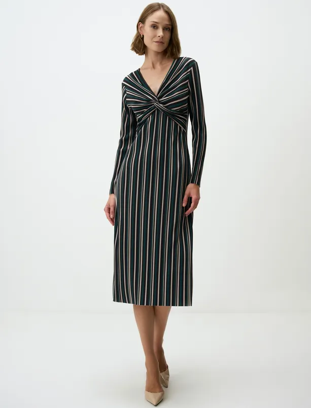 Deep V Neck Line Patterned Midi Dress